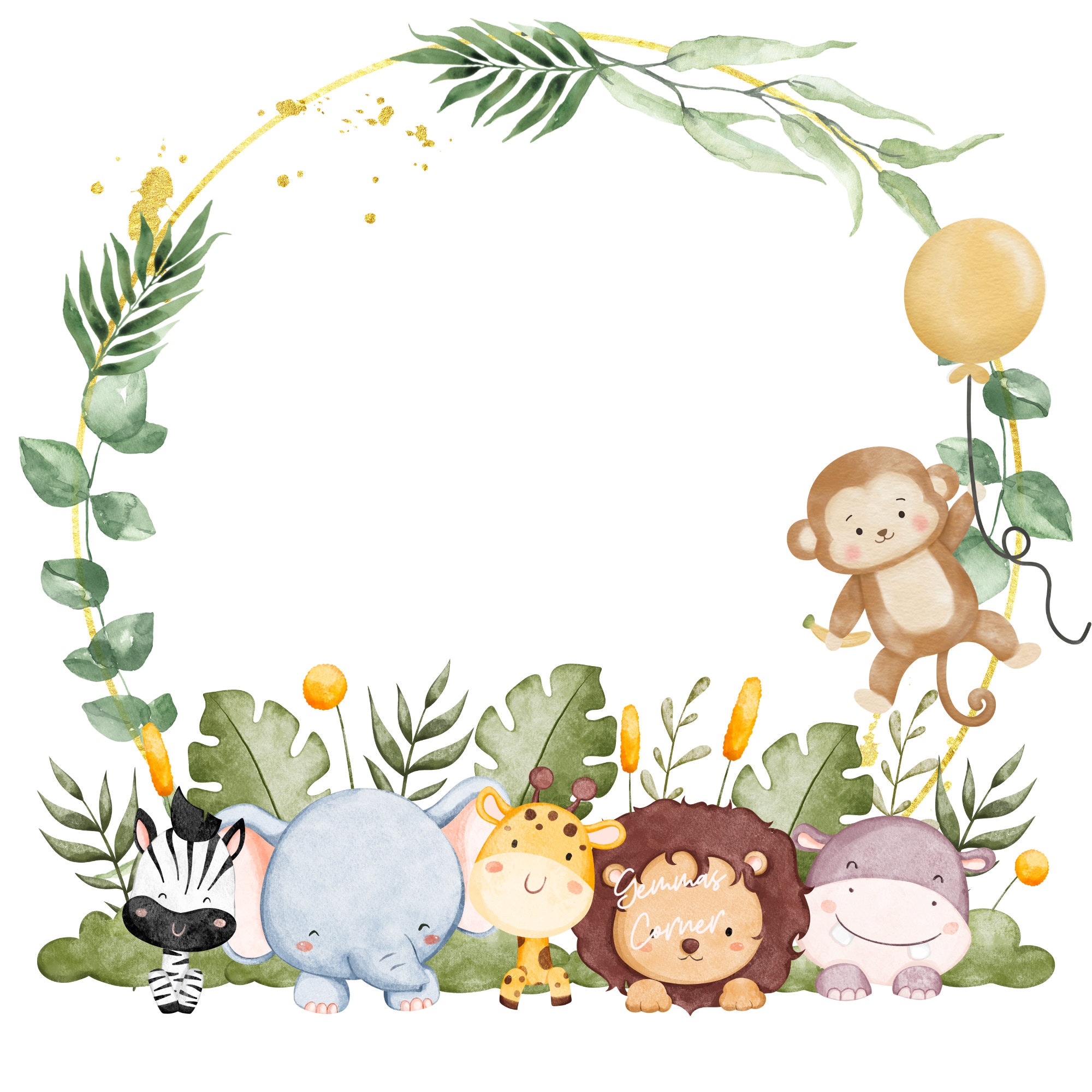 Safari Jungle Border, Watercolor Baby Animals, Wild One, Birthday ...