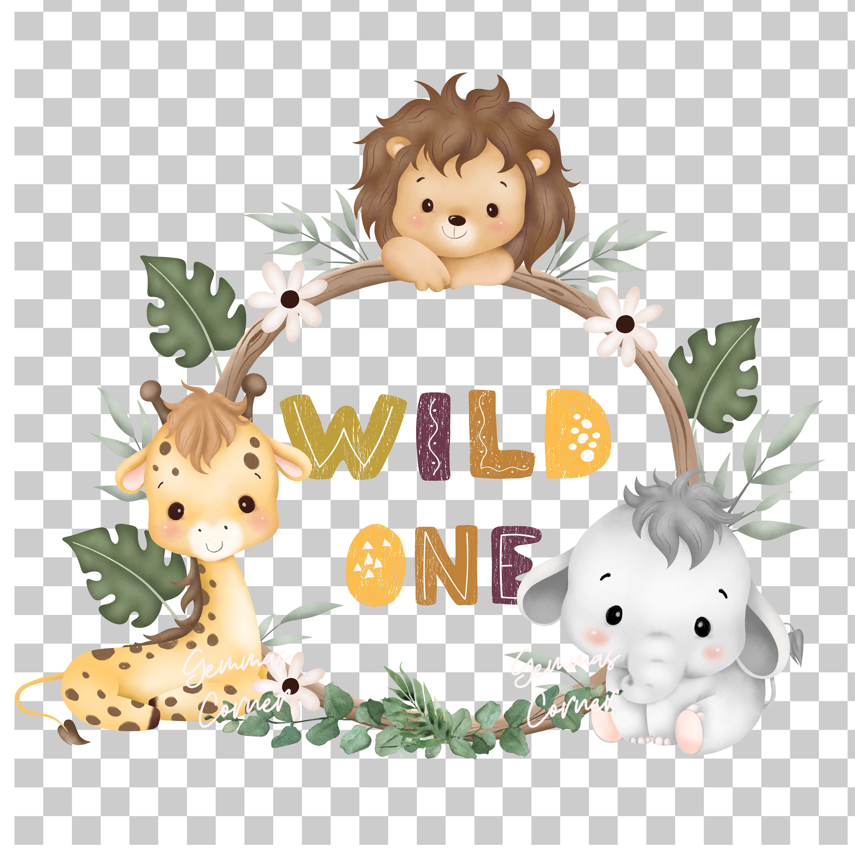 Safari Jungle Wreath, Watercolor Baby Animals, Wild One, Birthday ...