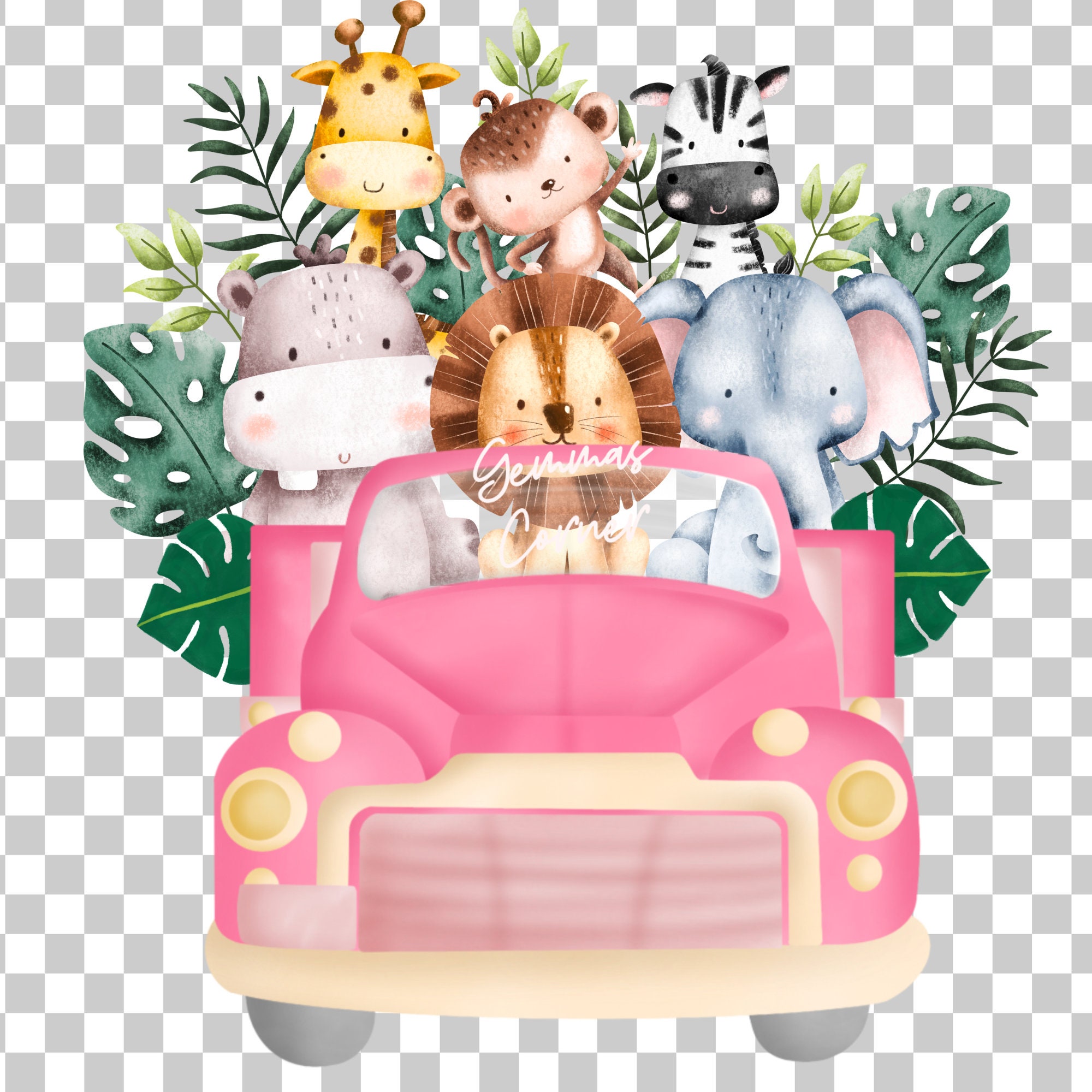 Baby Safari Animals Pink Jungle Car PNG, Watercolor Baby Animals, Wild ...