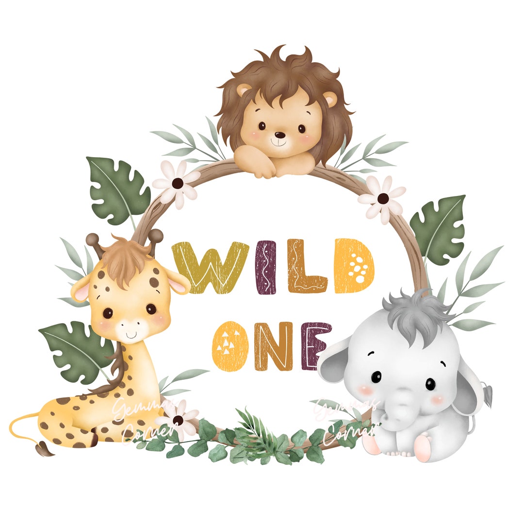 Safari Jungle Wreath, Watercolor Baby Animals, Wild One, Birthday ...