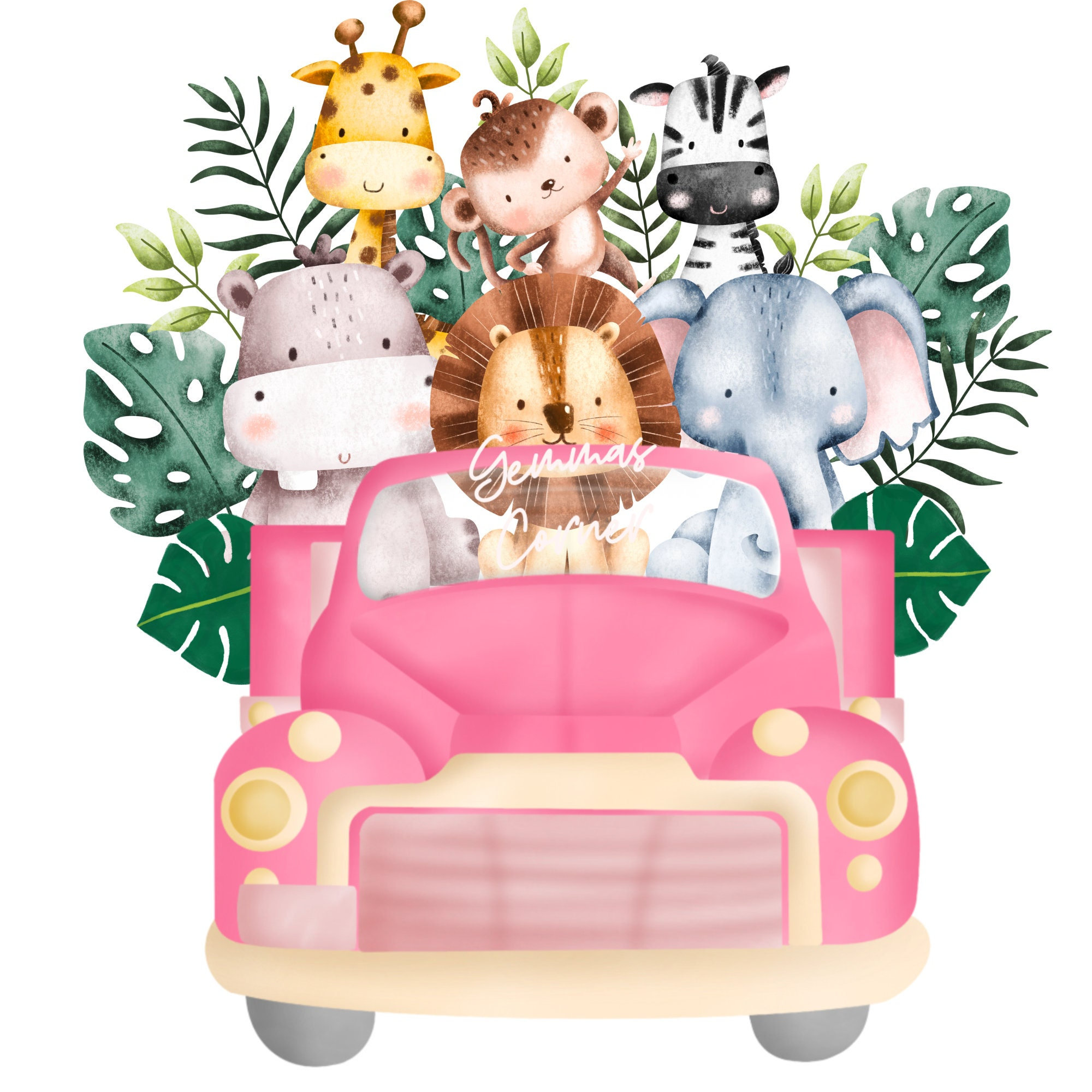Baby Safari Animals Pink Jungle Car PNG, Watercolor Baby Animals, Wild ...