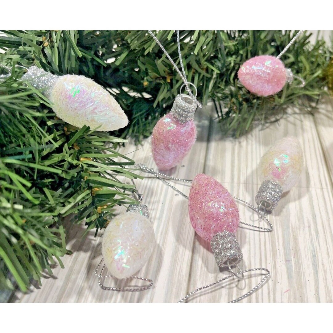 6 Pc Pink & White Glitter Light Bulb Ornaments Mini Tree Ornaments ...