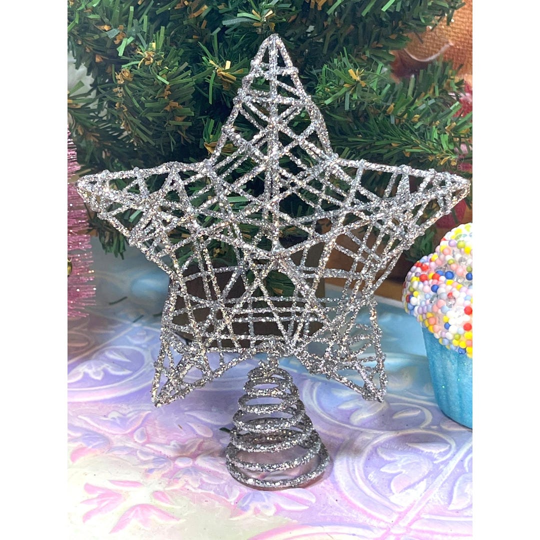 Mini Tree Glittery Silver Wire Star Tree Topper Miniature Christmas ...