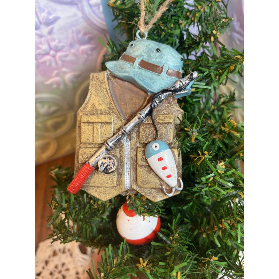 Ole Man Fishing-themed Christmas Tree Ornament W/ Hat Vest Rod & Reel ...
