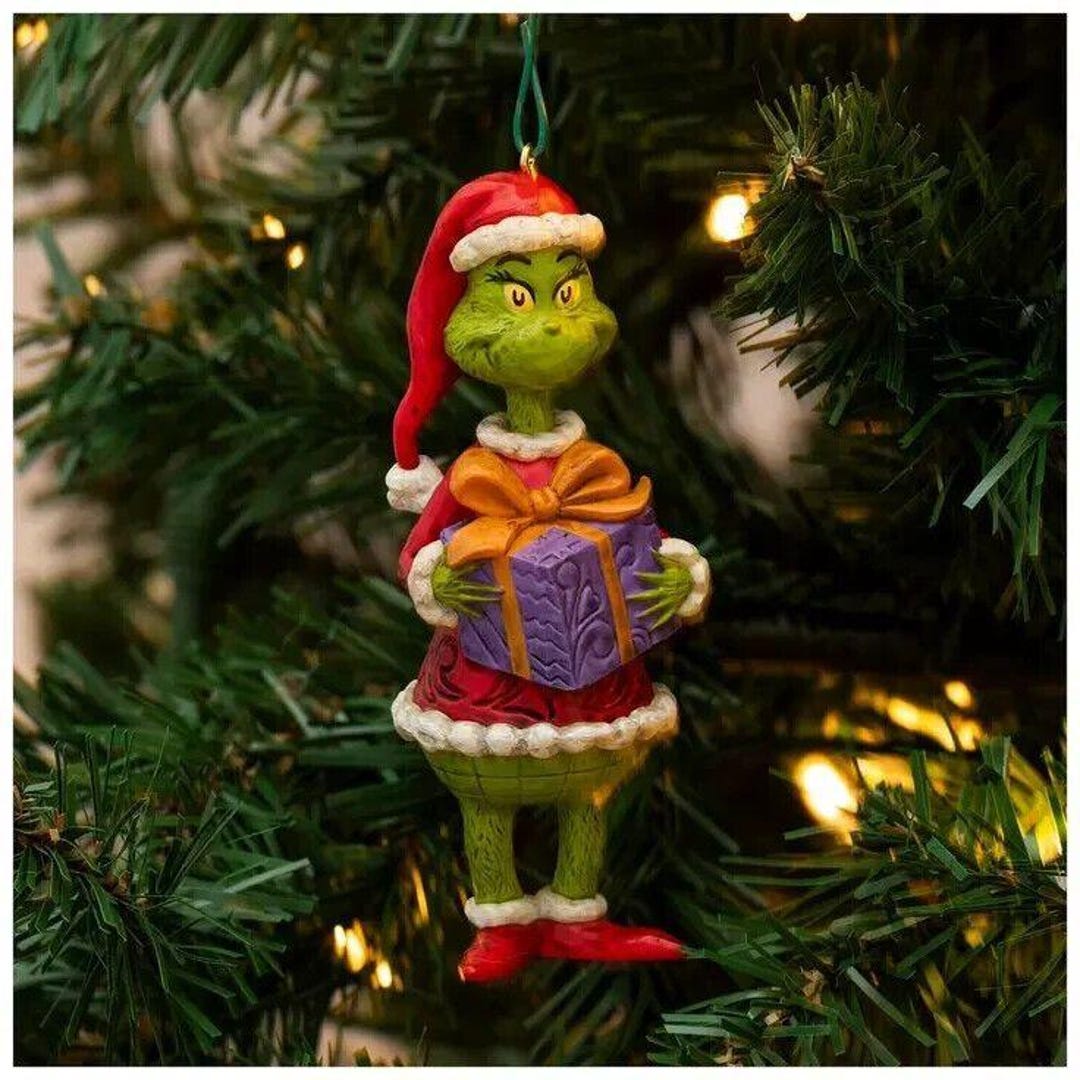 Mean Ole Grincy Grinch Christmas Ornament Holding Gift Holding a ...