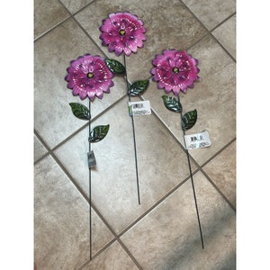 3x Metal PINK Flower Garden Pick 6" H X 6" W X 24" L Flower Pot Stake ...