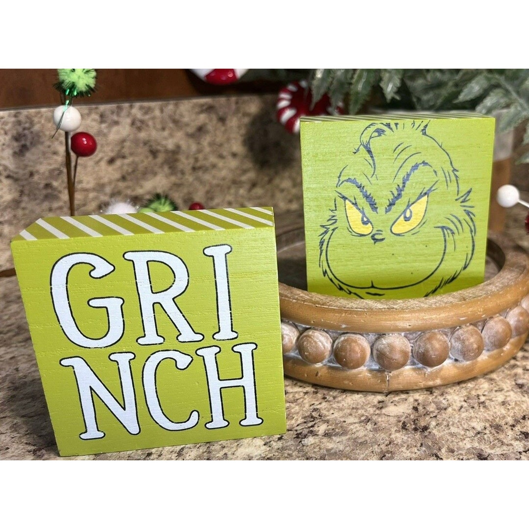 2pc Set Dr. Seuss Face-how the GRINCH Stole Christmas Decorative Blocks ...