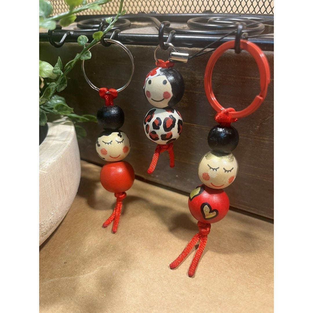 Hand Painted Ladybug Wooden Doll Key Chain Christmas Ornament Backpack ...