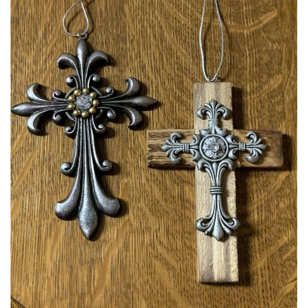 2 Pc Set Resin & Wooden Small Cross Wall Decor Rustic Look Ornate Cross ...