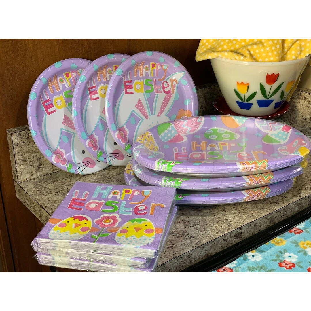 96 Pcs Easter Party Plates Napkins Supplies Tableware Colored Eggs ...