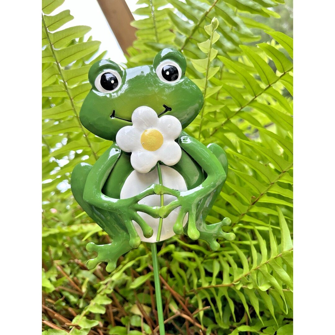 3D Frog Metal Garden Pick Metal Garden Pick Toady Frog Flower Pot Stake ...