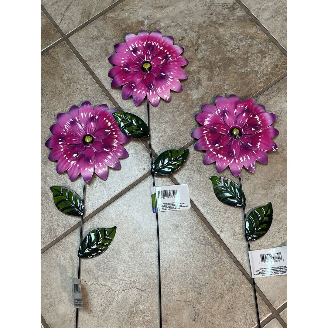 3x Metal PINK Flower Garden Pick 6" H X 6" W X 24" L Flower Pot Stake ...