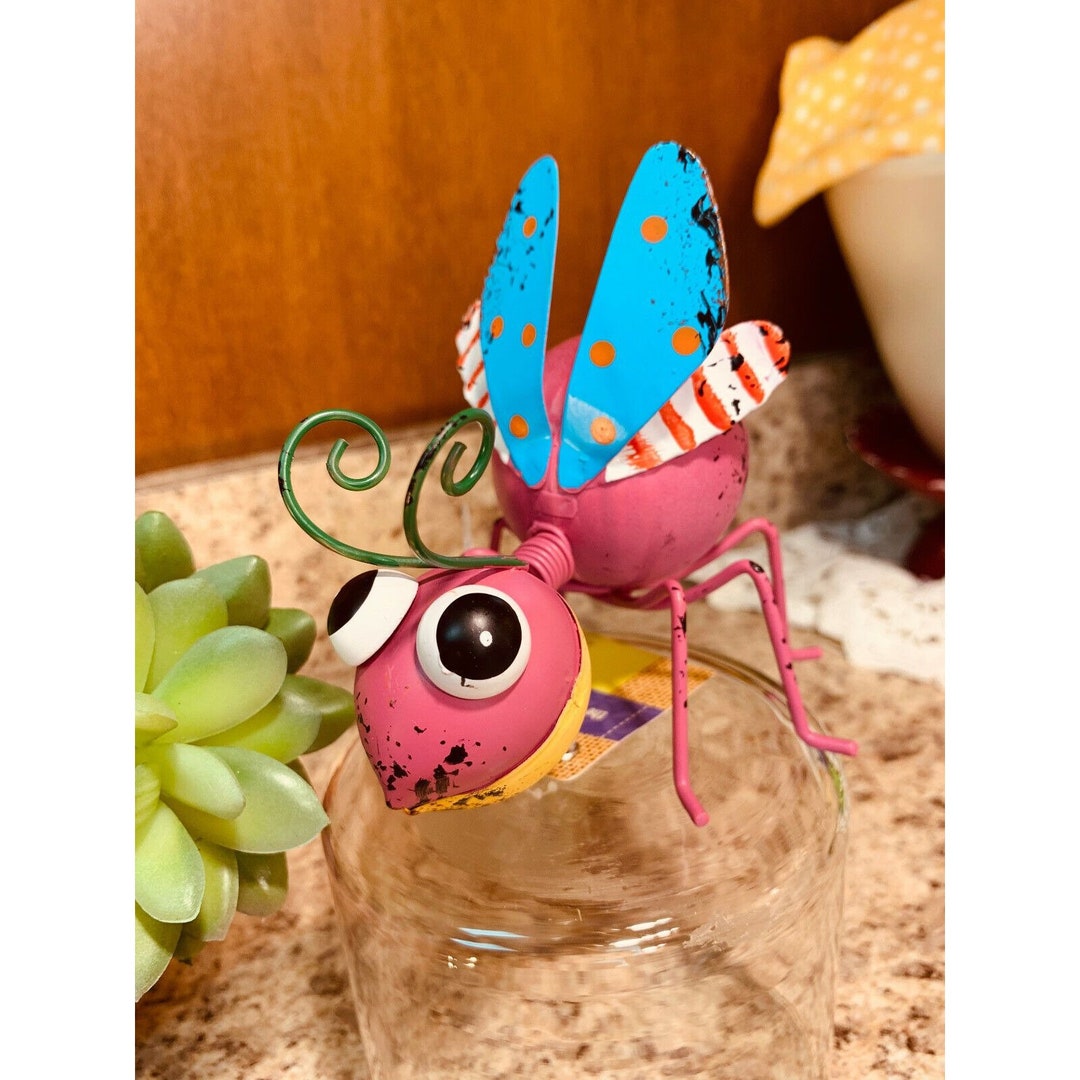 Yard Metal Sculpture Small Butterfly Pink Bug WHIMSICAL Garden Pot ...