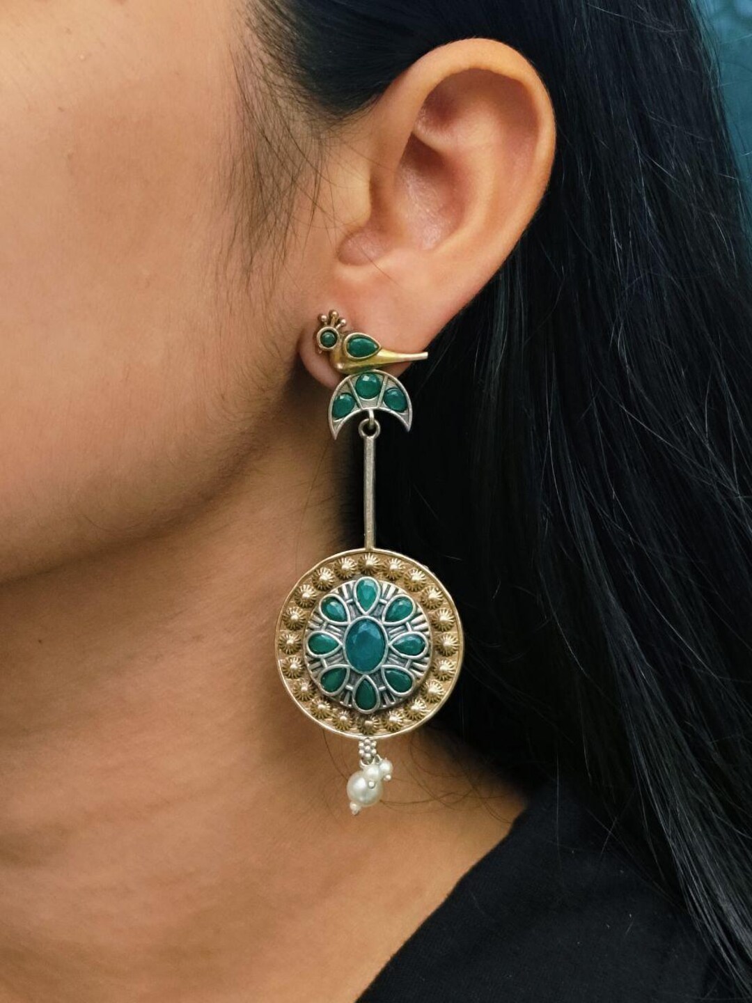 Traditional Bird Design Two-tone Dangler Earrings With Pearl & Stone ...
