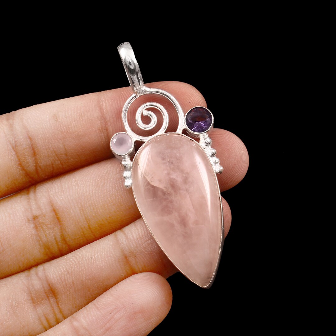 Rose Quartz Pendent, 925 Sterling Silver, Solid Silver Pendent, Pink ...