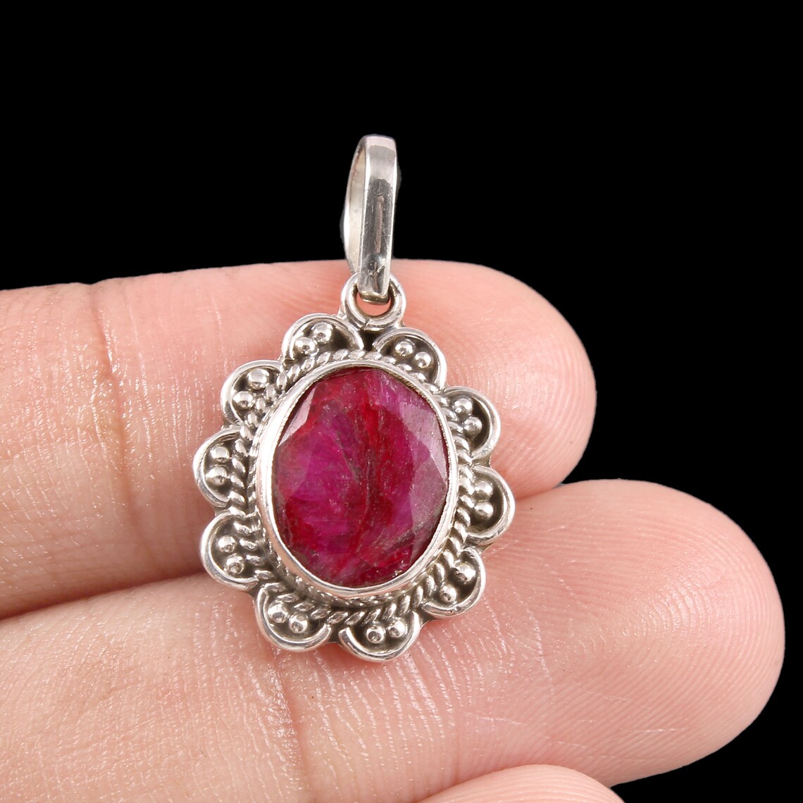 Véritable pendentif rubis avec chaîne, pendentif en argent 925 ...