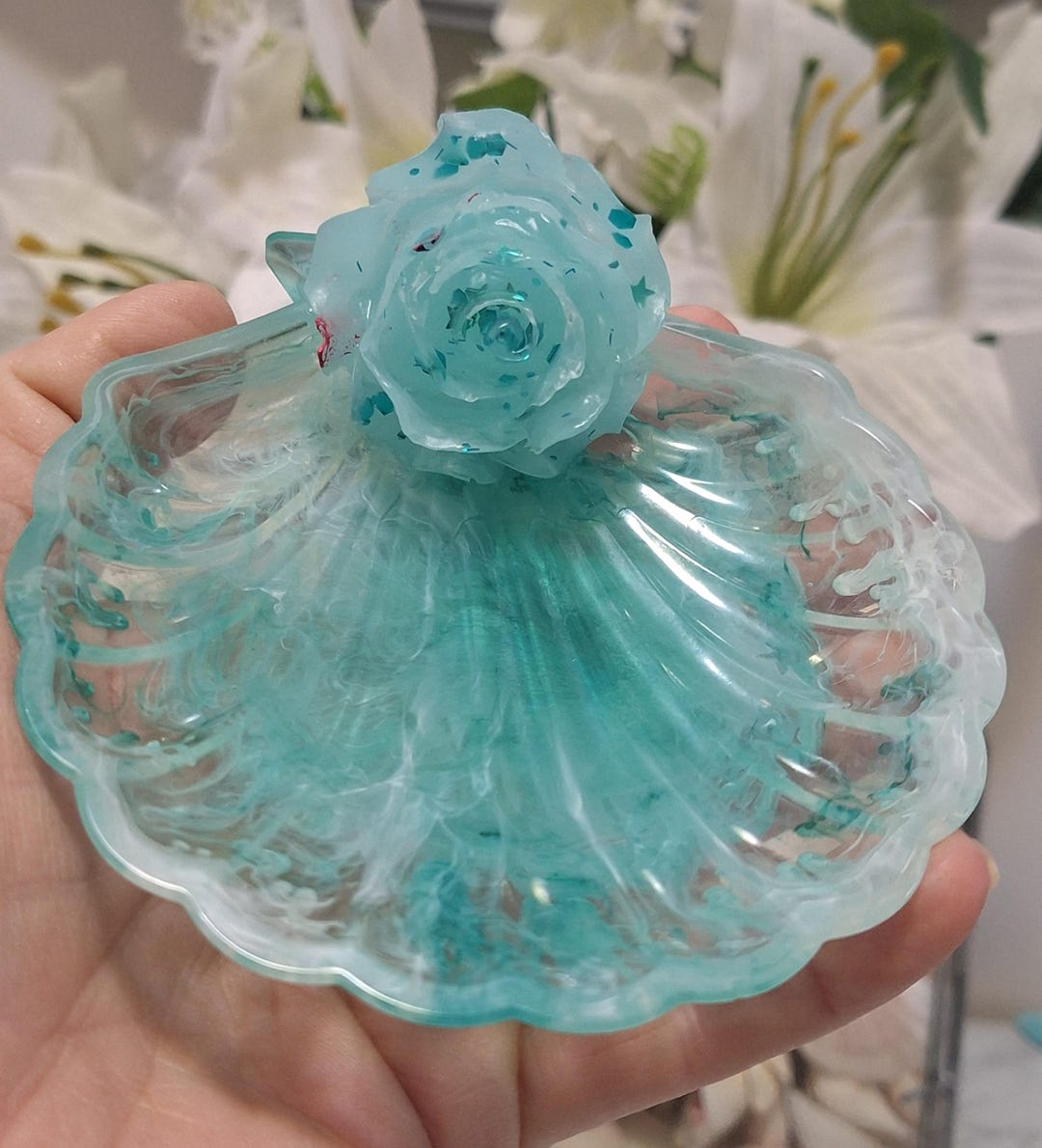 Handcrafted Resin Art Coastal Seashell Roses Wine Glass Charcuterie ...