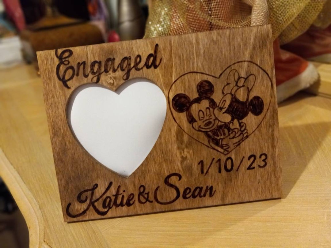 Engaged Mickey and Minnie Mouse Inspired Rustic Engraved Heart Wood ...