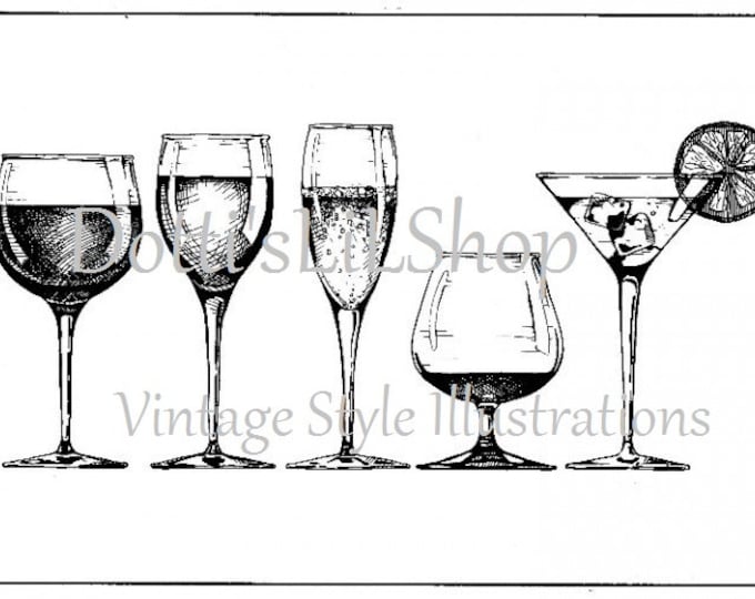 Woodburning Pyrograph Wine Glasses Vintage Style Etching Illustration ...