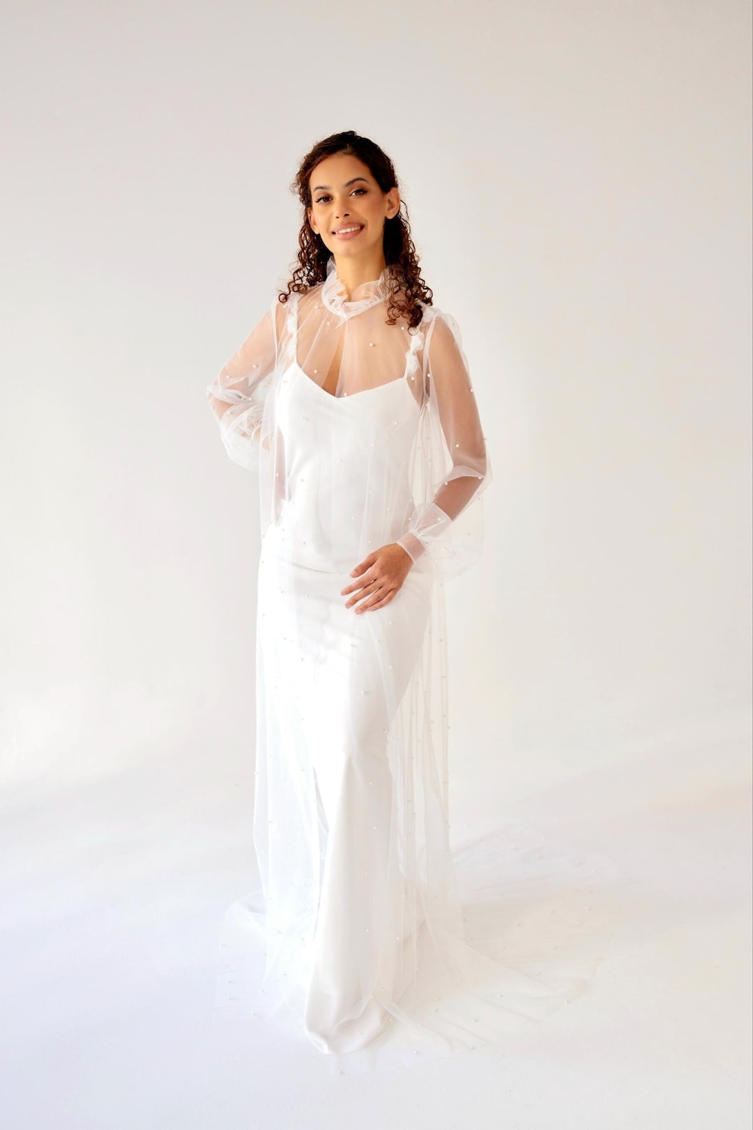 Pearl Bridal Cape With Sleeves. Wedding Dress Cover Up. Boudoir Robe ...