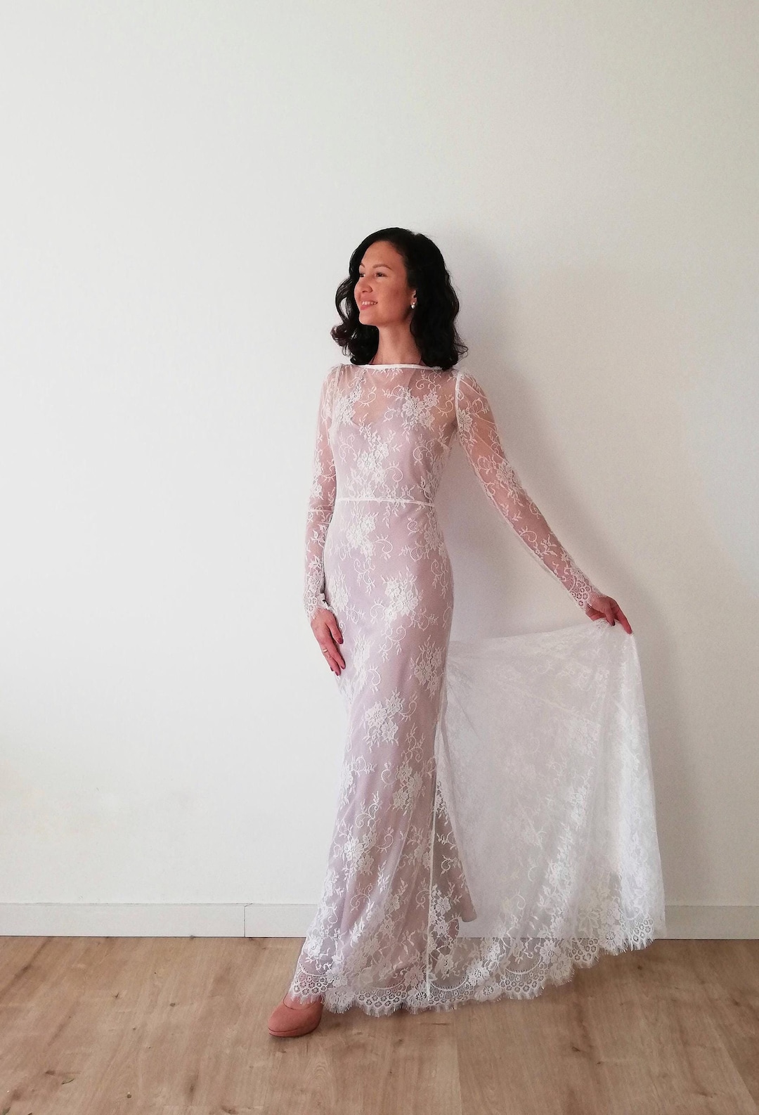 Open Back Lace Wedding Dress. Boho Wedding Dress With Long Sleeve. A ...