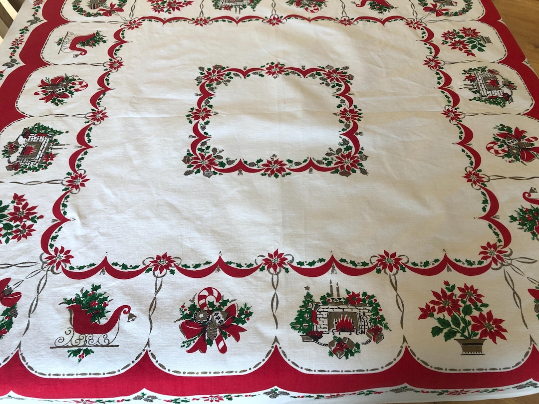 Vintage 46x50 Square Christmas Tablecloth Midcentury Christmas Print 1950s Cotton Imperfect ...
