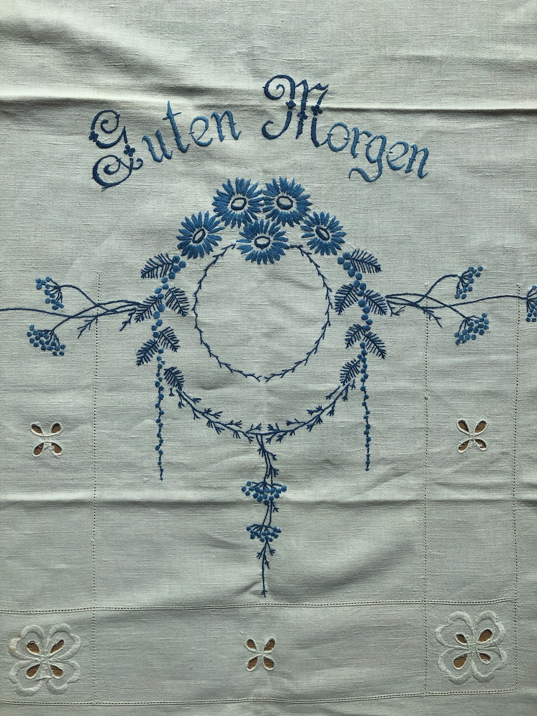 Vintage Embroidered German Table Runner Guten Morgen Blue and White ...