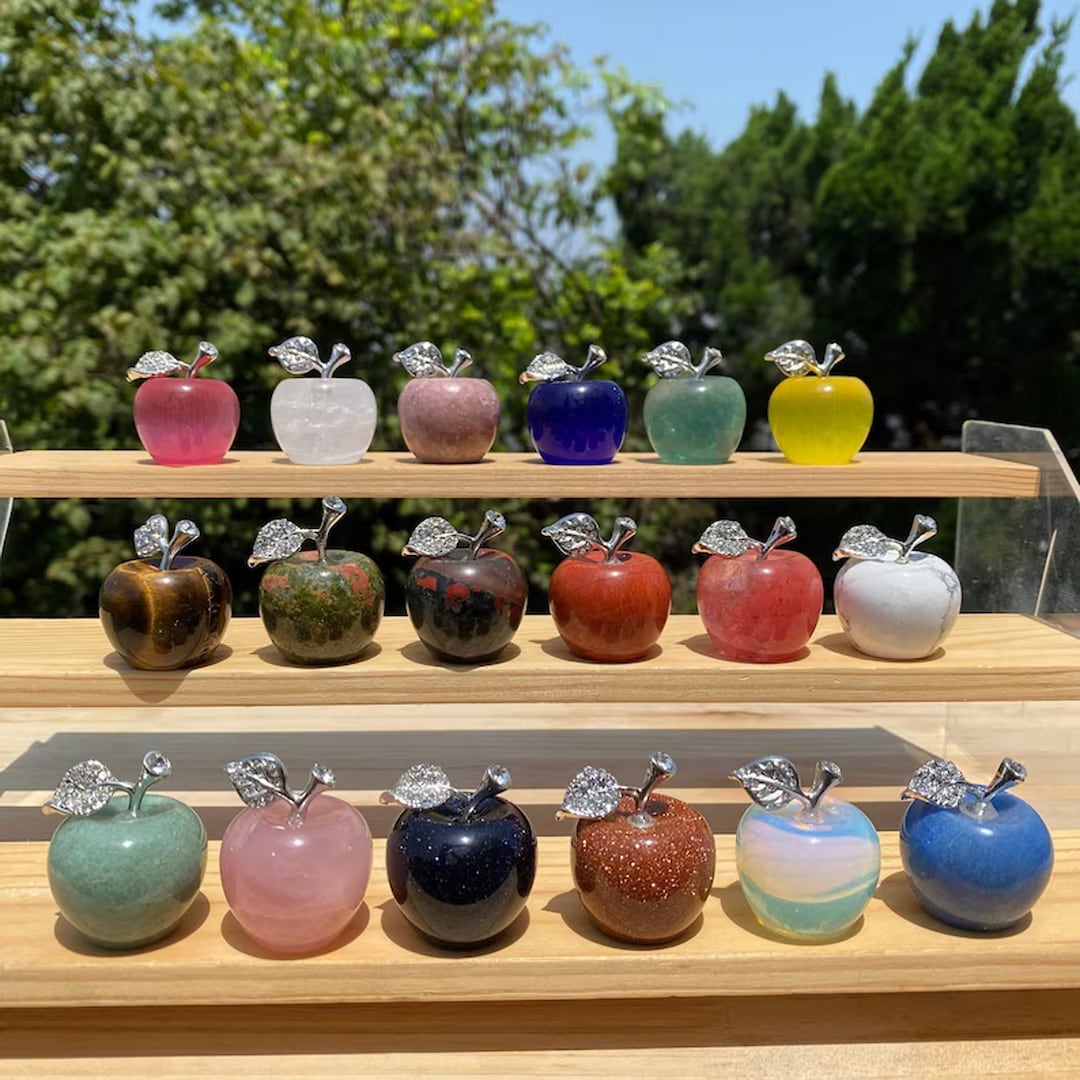 1.5'' Crystal Apple Carving, Gemstone Apple, Rose Quartz, Red Jasper ...