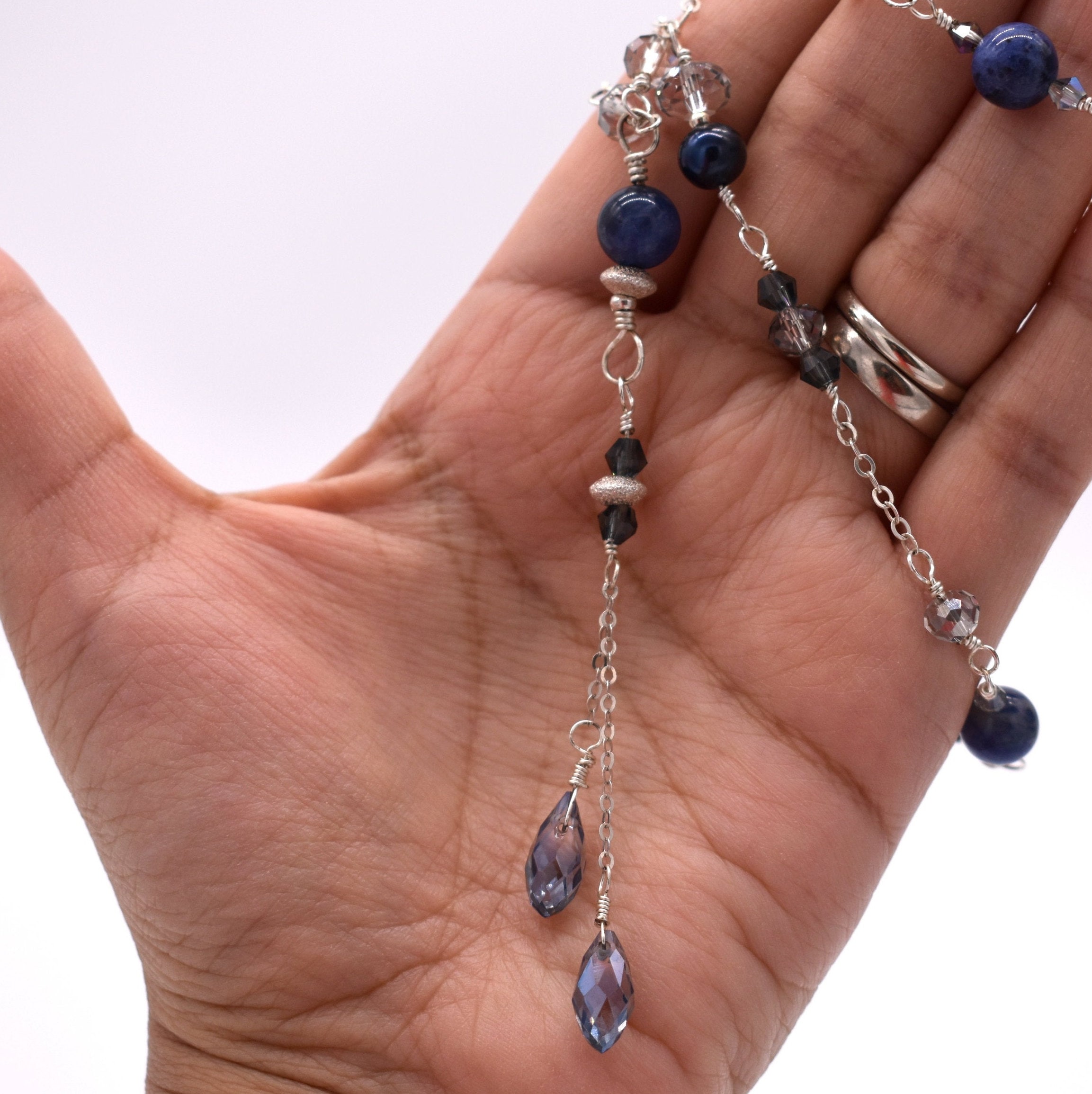 Long Lariat Blue Silver Necklace Sodalite Sterling Silver Necklace Bead ...