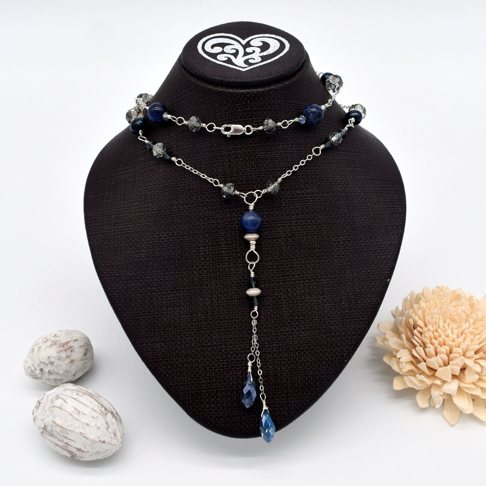 Long Lariat Blue Silver Necklace Sodalite Sterling Silver Necklace Bead ...