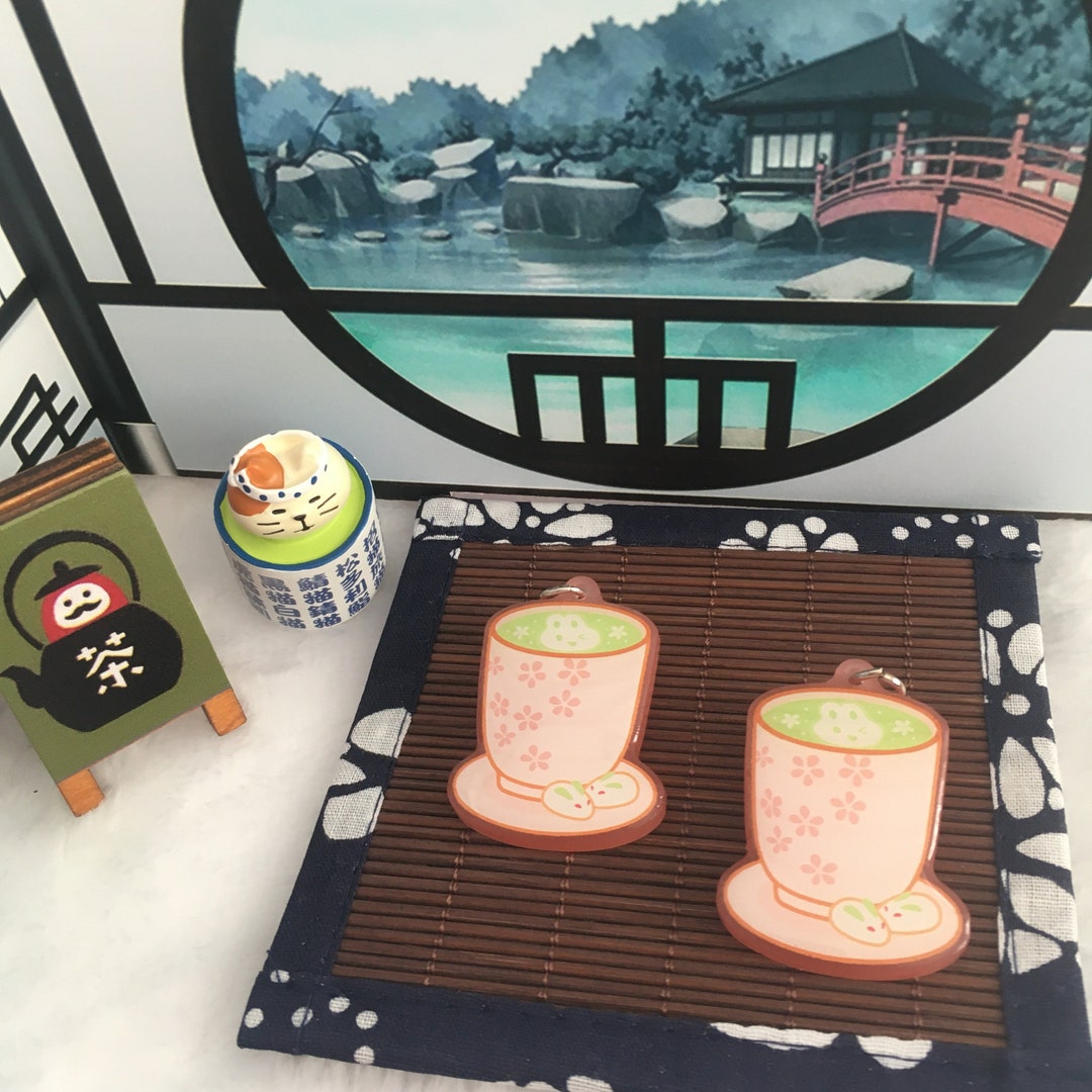 Matcha Tea Latte Acrylic Keychain: Pink Frosted Charm - Etsy