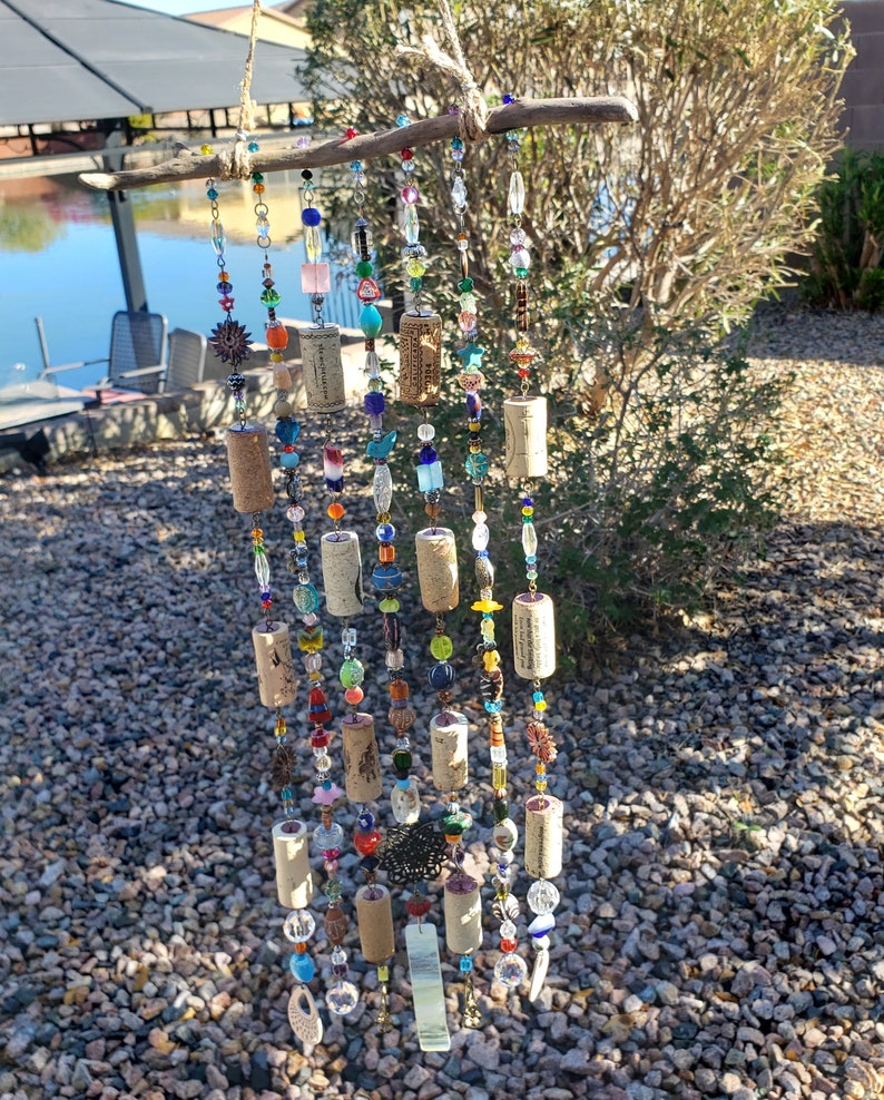 Driftwood Wine Cork Wind Chime, Glass Bead Sun Catcher, Handmade - Etsy