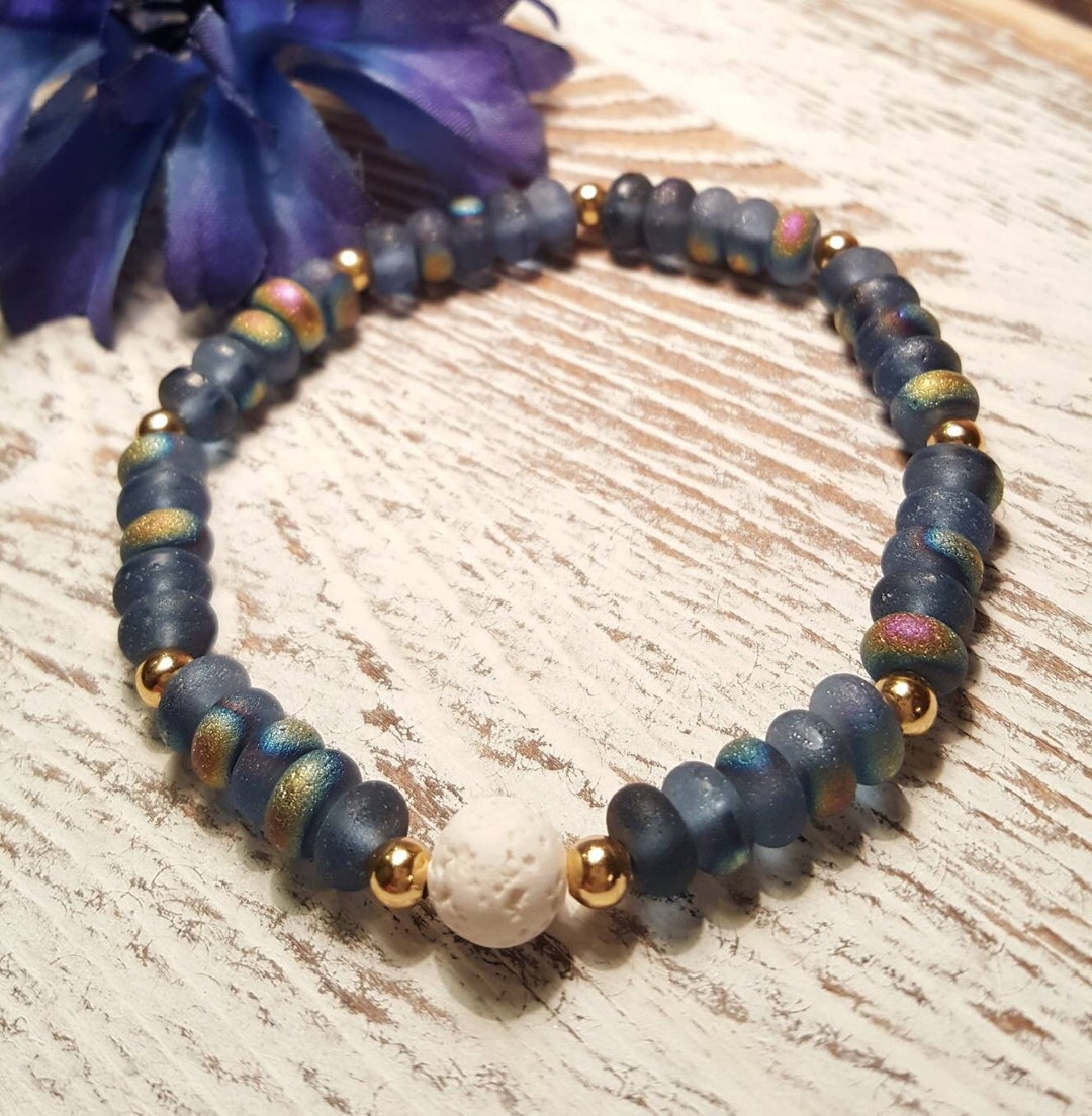 Lava Diffuser Bracelet, Iridescent Blue Rondels, Aromatherapy Cuff - Etsy