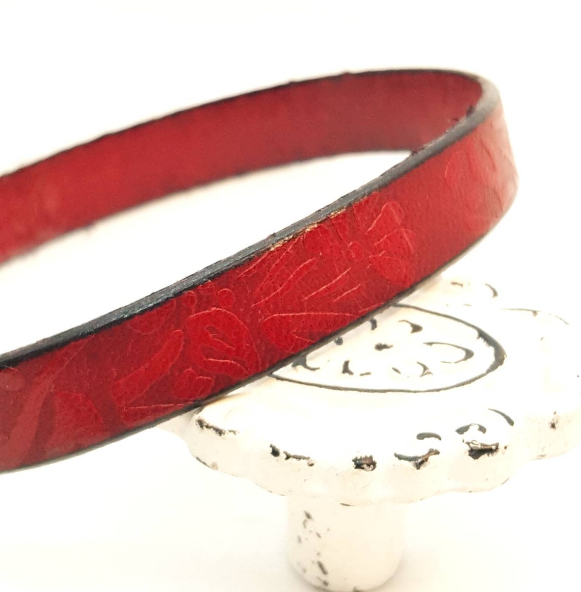 Red Leather Embossed bracelet with Antique Silver Heart | Etsy