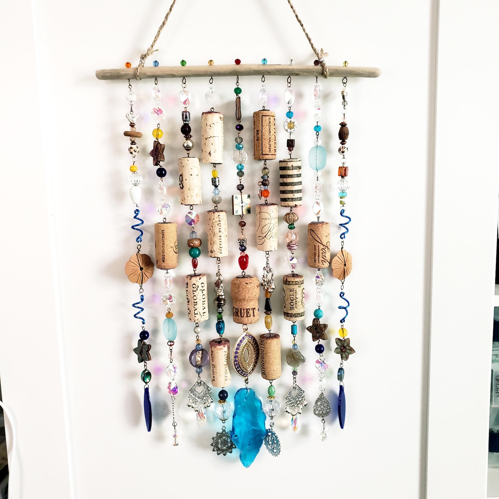 Driftwood Wine Cork Wind Chime, Glass Bead Sun Catcher, Handmade - Etsy
