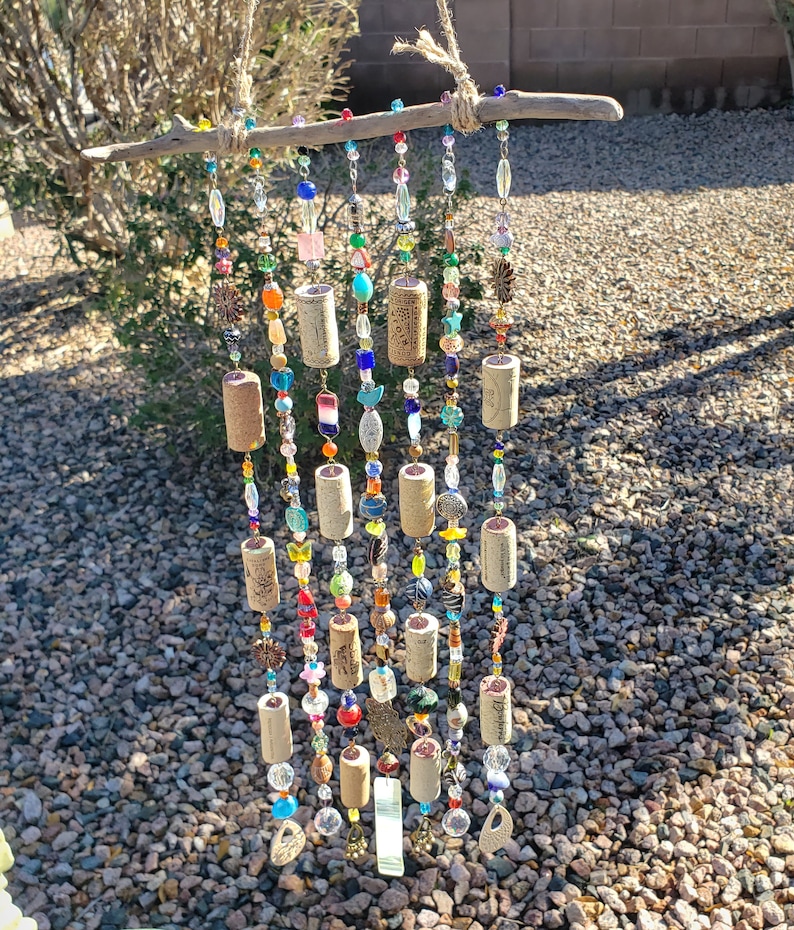 Driftwood Wine Cork Wind Chime, Glass Bead Sun Catcher, Handmade - Etsy