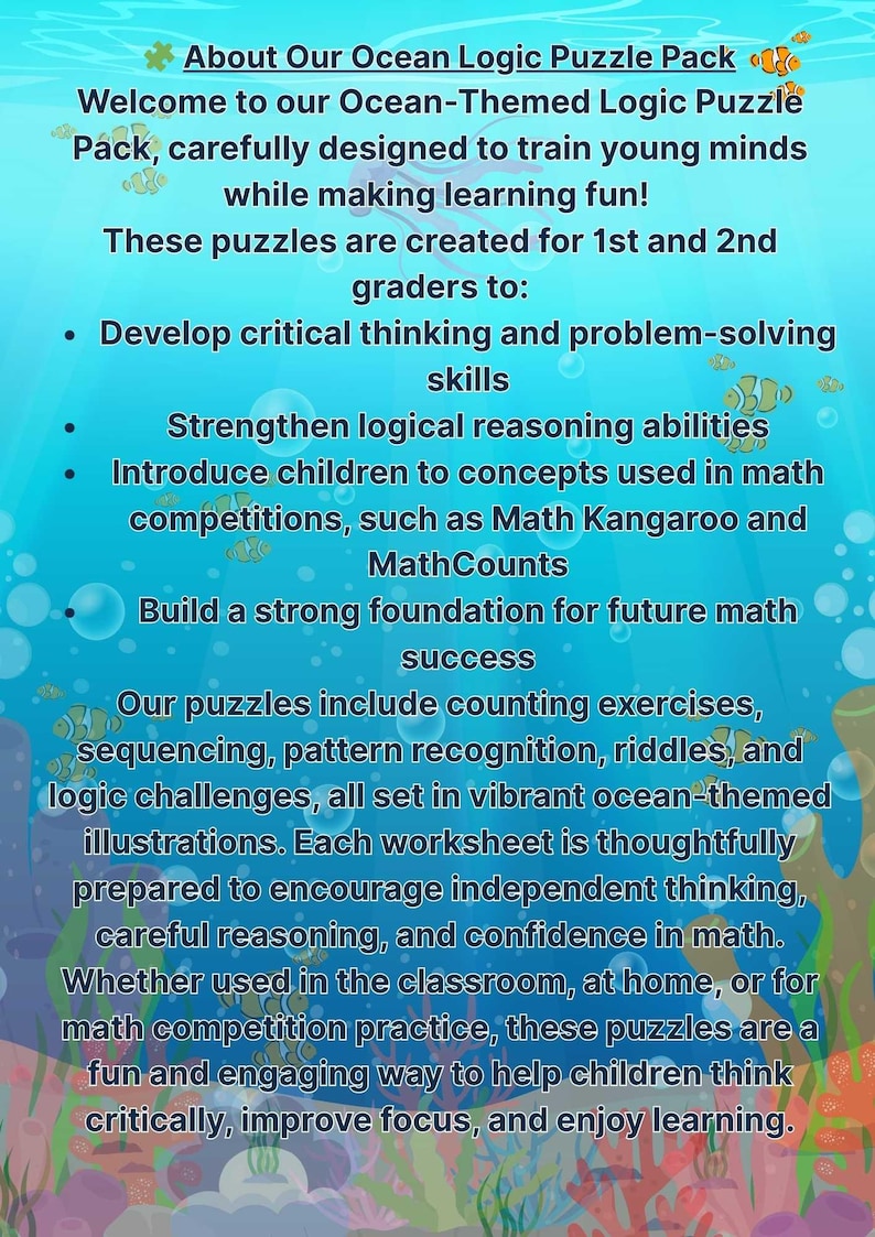 10 Fun Ocean Logic Pages . Just Print . Math Competitions Prep – Grades ...