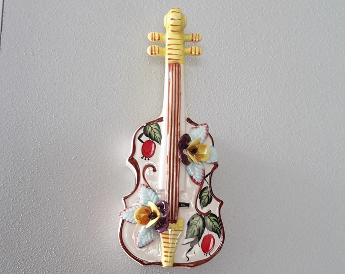 Kitschy Hand Painted Violin Wall Pocket Vintage Ceramic Flowery Wall ...