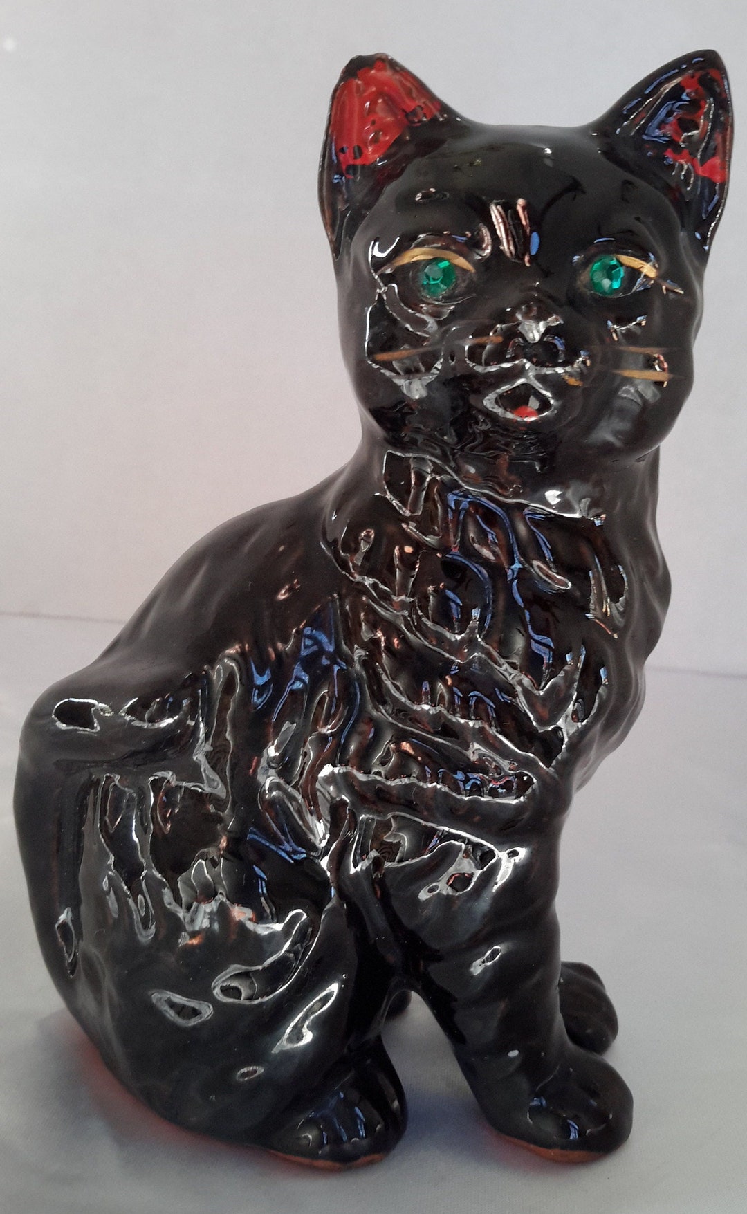 Black Cat Statue With Stunning Bright Emerald Green Rhinestone Eyes ...