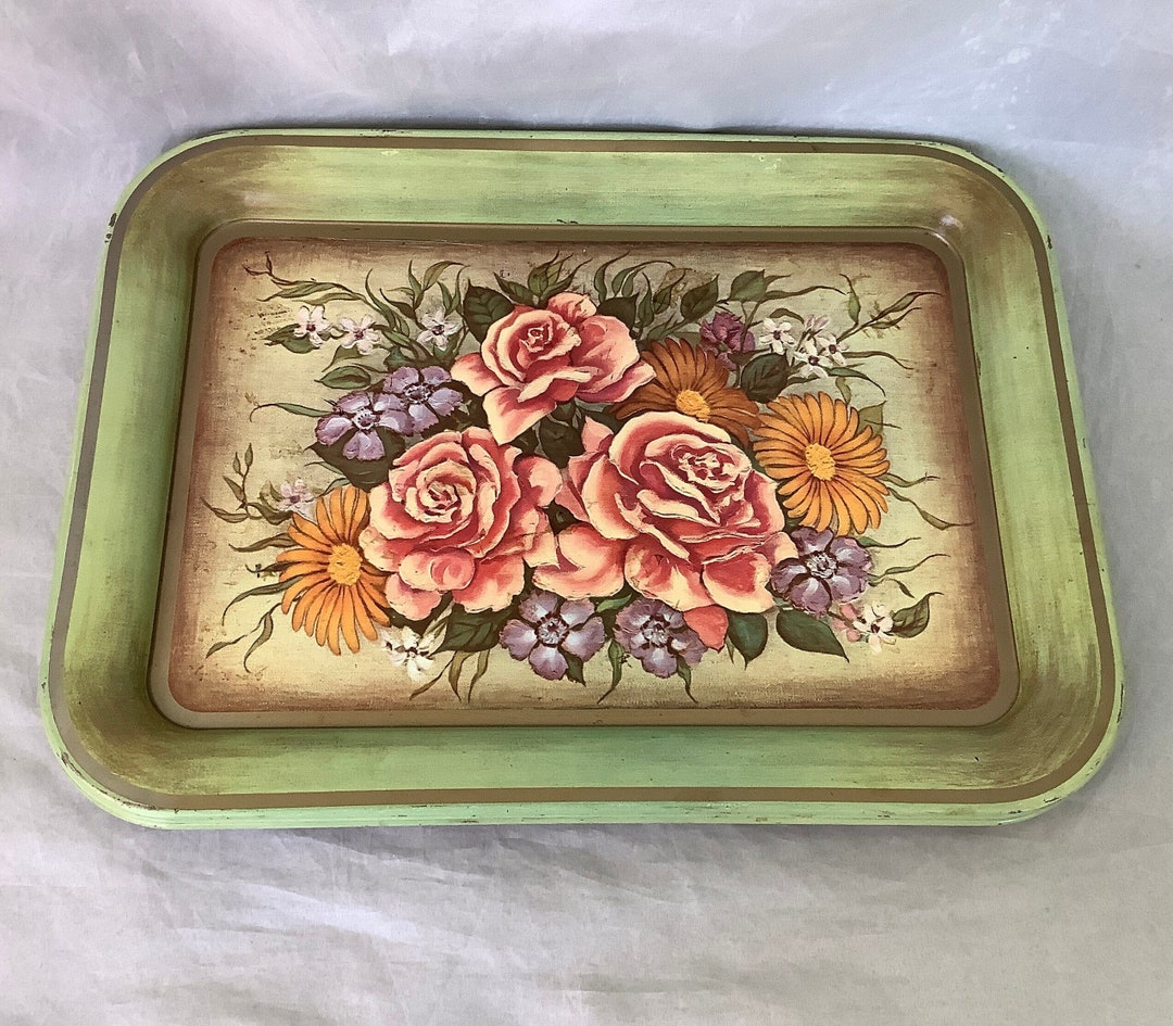 Floral Metal Lap Trays ~ Vintage Romantic Rose Bouquet Lithograph ...