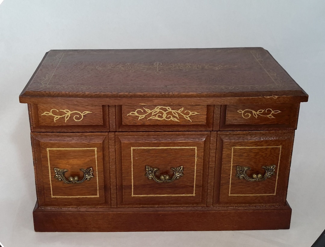 Vintage Musical Jewelry Box Gold Scroll Lift Top Wooden Jewelry Storage ...