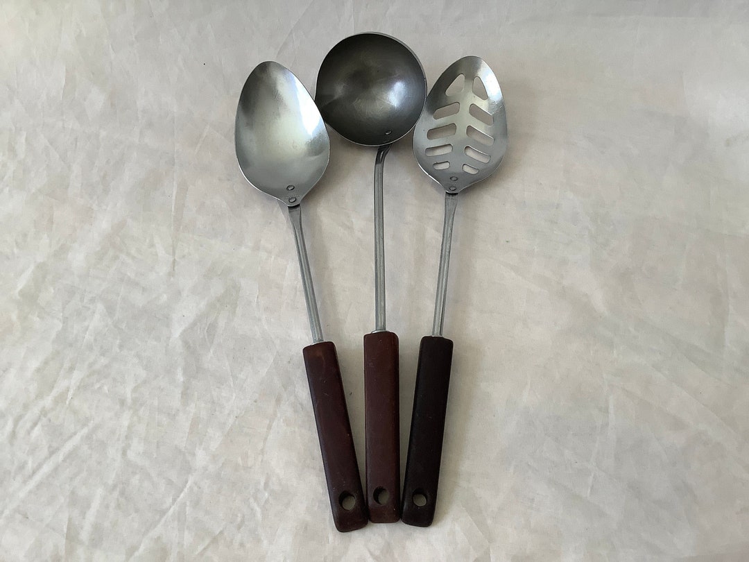 Vintage ANDROCK Wood Handle Stainless Steel Kitchen Utensil Set Three ...