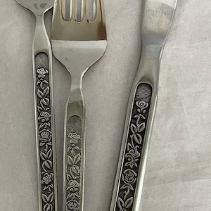 Vintage MARIA GRANDE Stainless Steel Flatware Embossed Floral and Black ...
