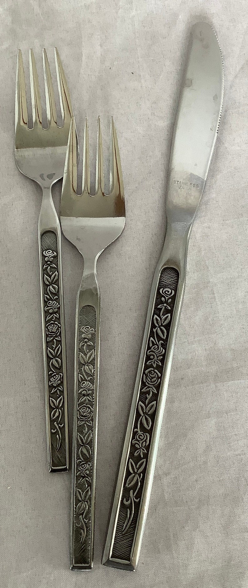 Vintage MARIA GRANDE Stainless Steel Flatware Embossed Floral and Black ...