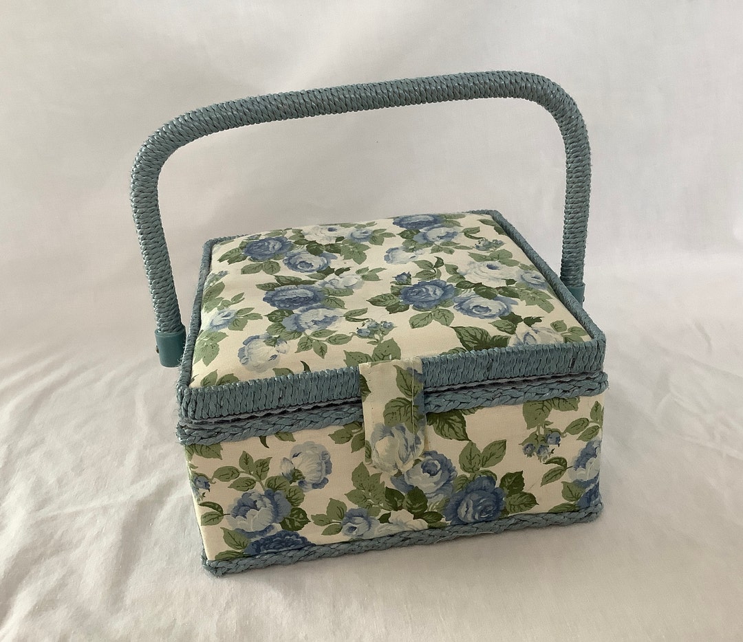Vintage Blue Rose Flower Sewing Box~ Pretty Padded Fabric Covered Craft ...