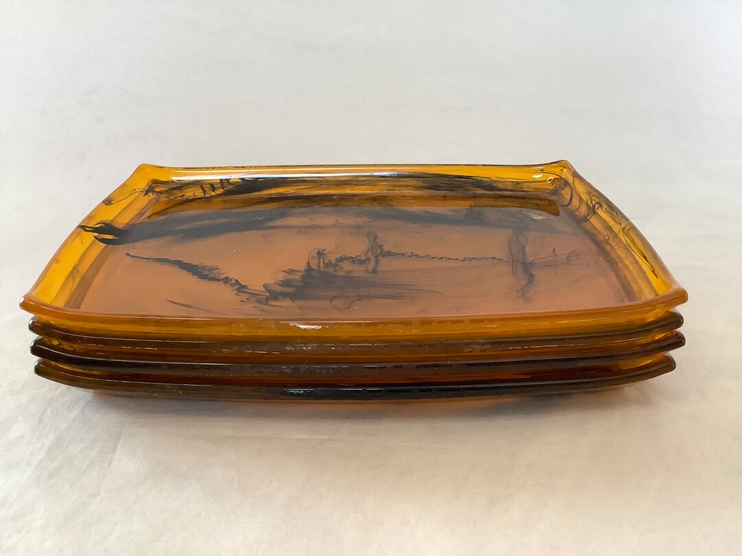 LUCITE Amber & Black Swirl Snack Platesvintage Translucent Tortoise ...