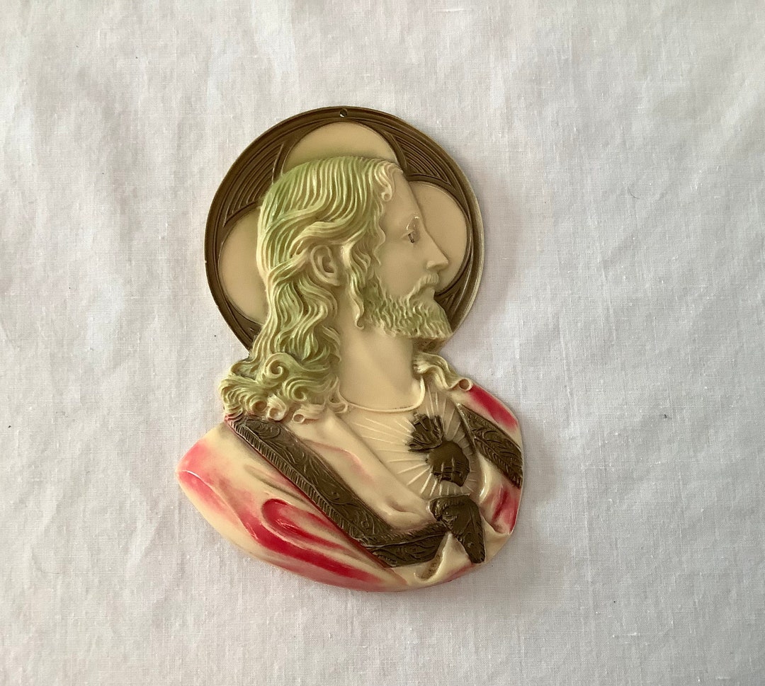 Sacred Heart of Jesus Wall Plaque~ Small Celluloid Relief Jesus Profile ...