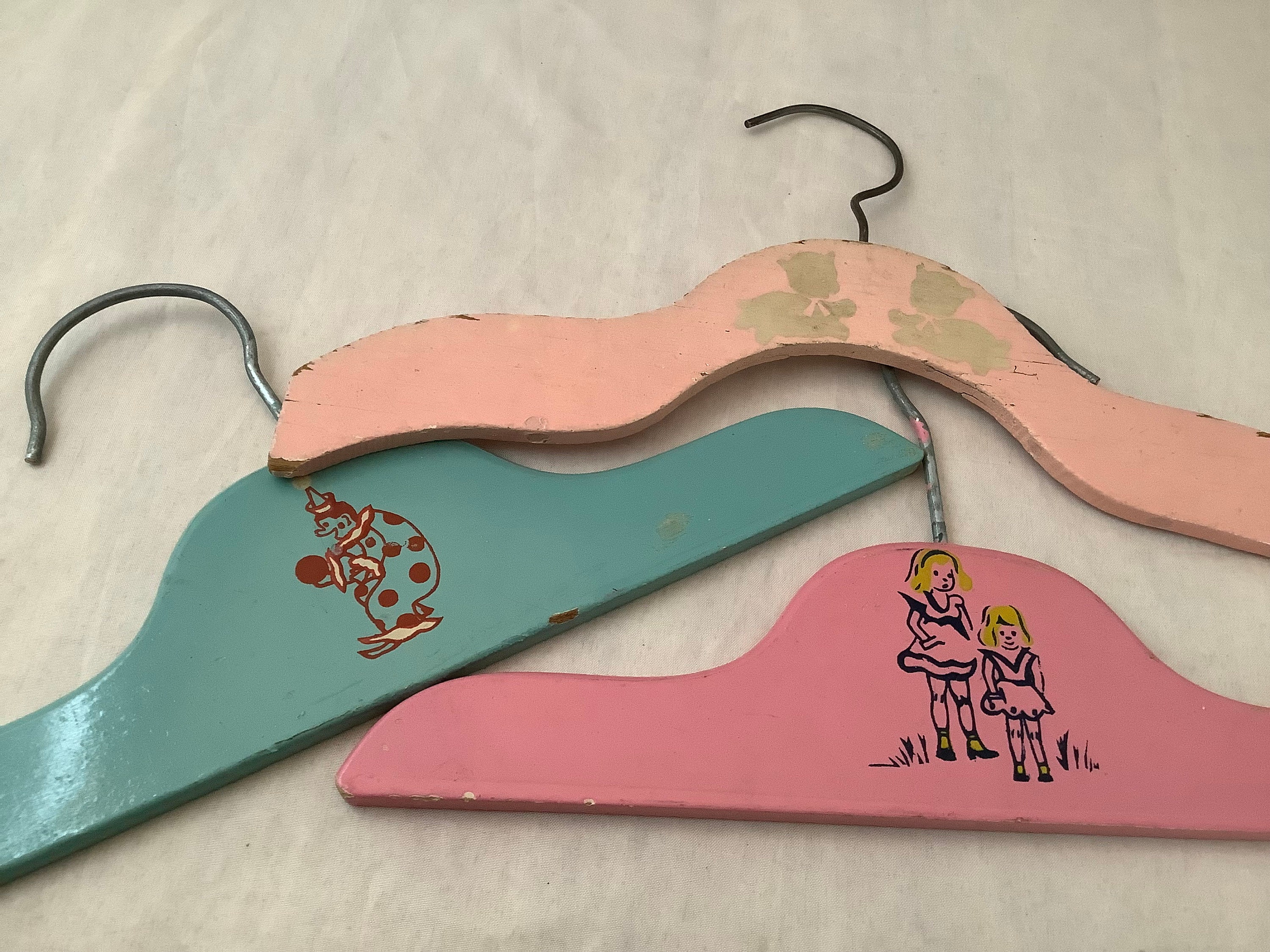Vintage Childs Wooden Clothes Hangers Painted and Stenciled Kittens clown little Girls Graphics Colorful Small Sized Hangers Etsy Ireland
