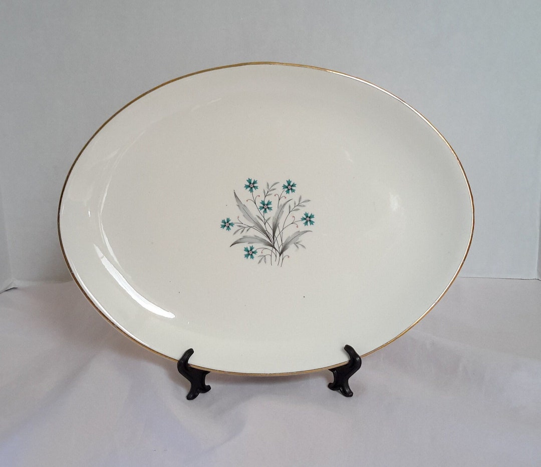 Gold Trimmed China Platter Turquoise and Gray Petite Flowers Clean ...