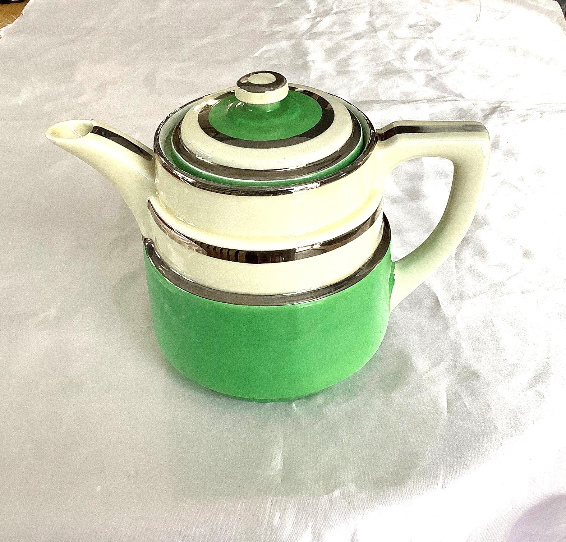 Fraunfelter China Co. Art Deco Green and Ivory Hard Porcelain Tea Pot ...